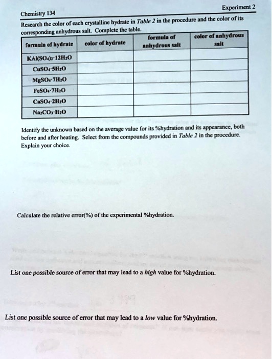 SOLVED: Experiment 2 Chemistry 134 hydrate in Table in the procedure ...