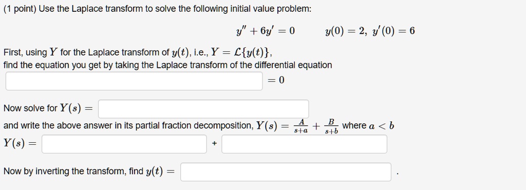 SOLVED:point) Use the Laplace transform to solve the following initial value problem: y" + 6y ...