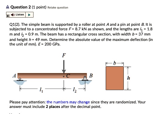 SOLVED: 'Question (1 point) Retake question Listen Q1(2). The simple beam is supported by roller ...