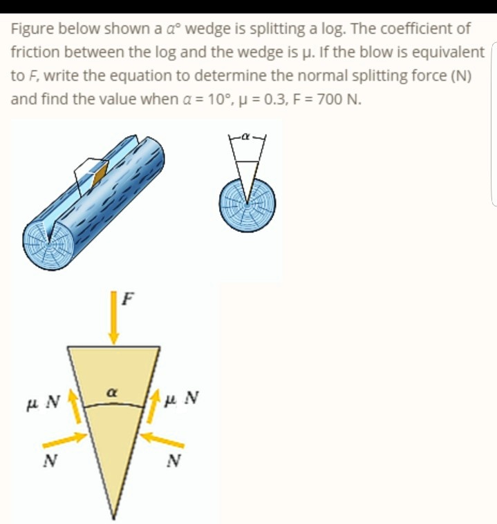 Figure below shown a α^∘ wedge is splitting a log. The coefficient of ...