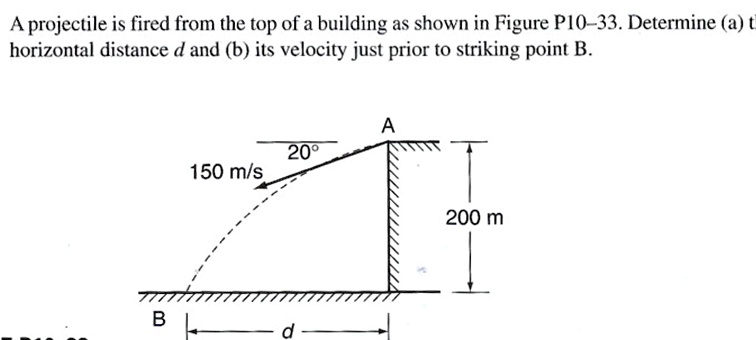 A projectile is fired from the top of a building as shown in Figure P10-33. Determine (a) the ...