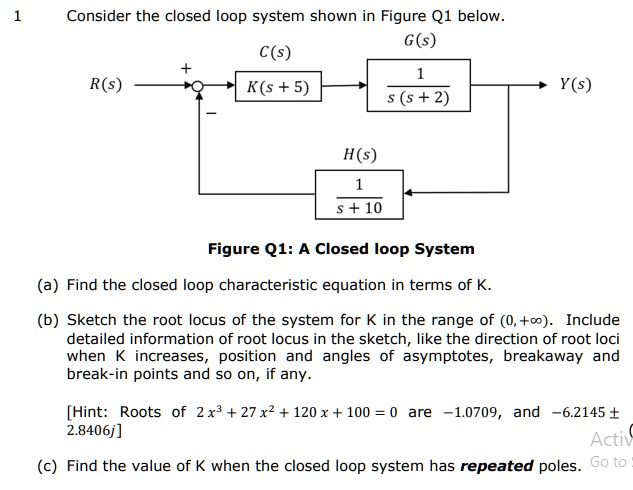 SOLVED: Consider the closed loop system shown in Figure Q1 below: R(s) K(s + 5) Y(s) s (s + 2) H ...