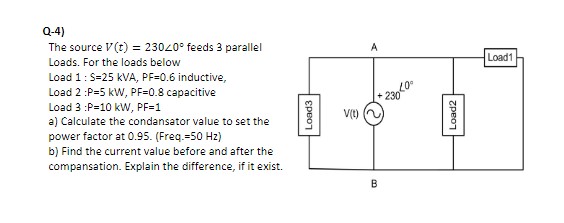 Q-4) The source V(t)=230 ∠ 0^∘ feeds 3 parallel Loads. For the loads below Load 1 : S=25 kVA, P ...