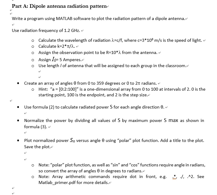 part a dipole antenna radiation pattern write program using matlab software to plot the ...