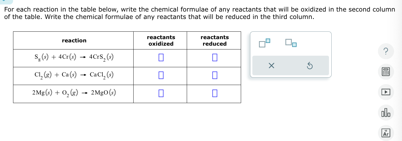SOLVED: For each reaction in the table below, write the chemical ...