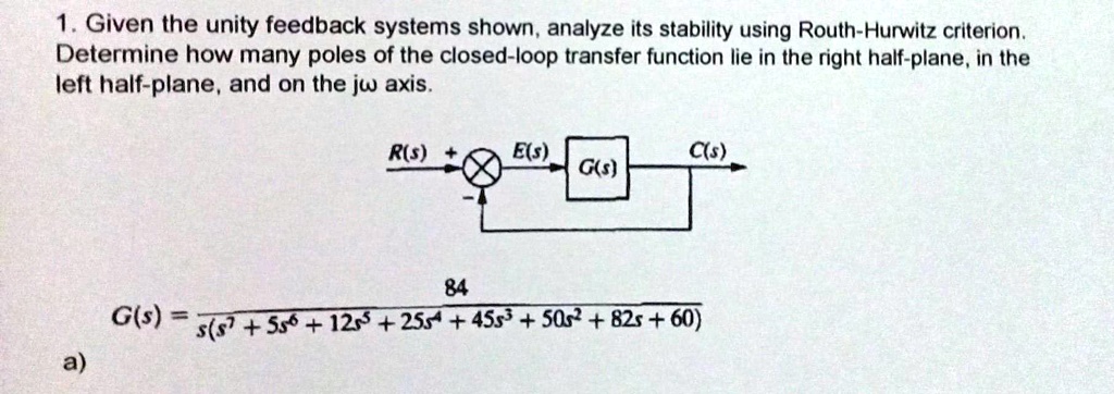 1. Given the unity feedback systems shown, analyze its stability using Routh-Hurwitz criterion ...