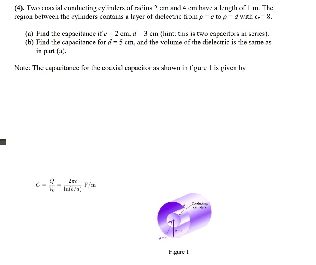 4 two coaxial conducting cylinders of radius 2 cm and 4 cm have a ...