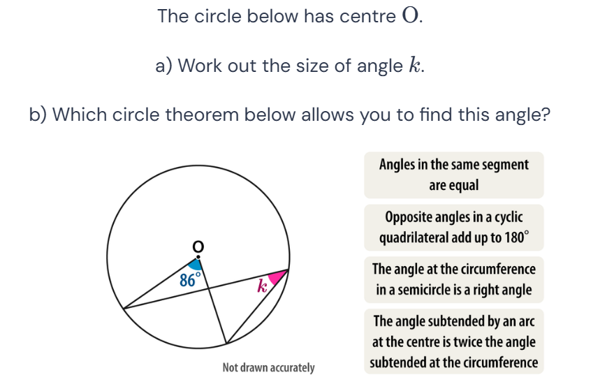 The circle below has centre O . a) Work out the size of angle k. b ...