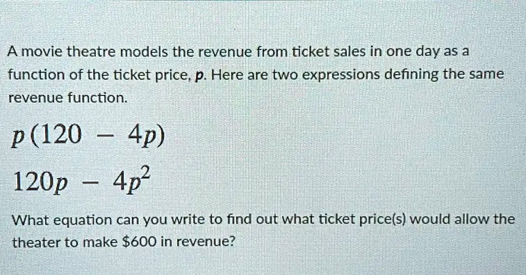 SOLVED: A movie theatre models the revenue from ticket sales in one day ...