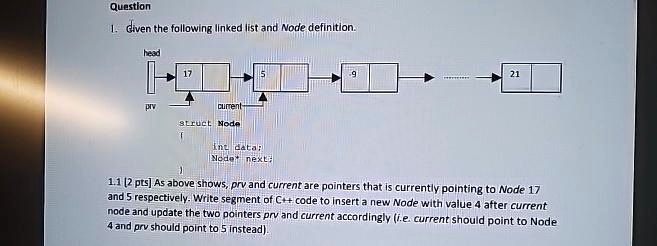 SOLVED: Question: Given the following linked list and Node definition: 1.1 [2 pts] As shown ...