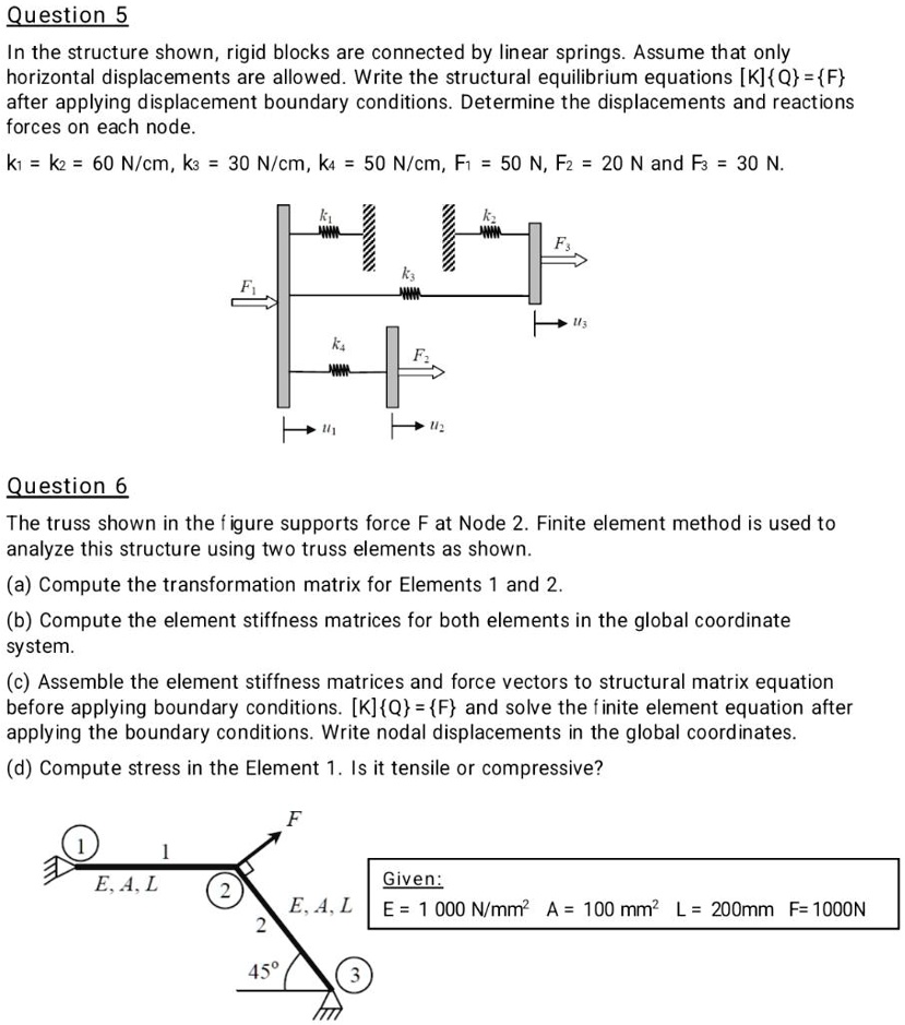 Question 5 In the structure shown, rigid blocks are connected by linear springs. Assume that ...