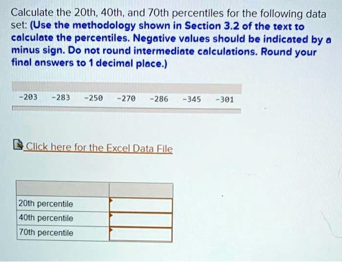 SOLVED: Calculate the 20th, 40th, and 70th percentiles for the ...