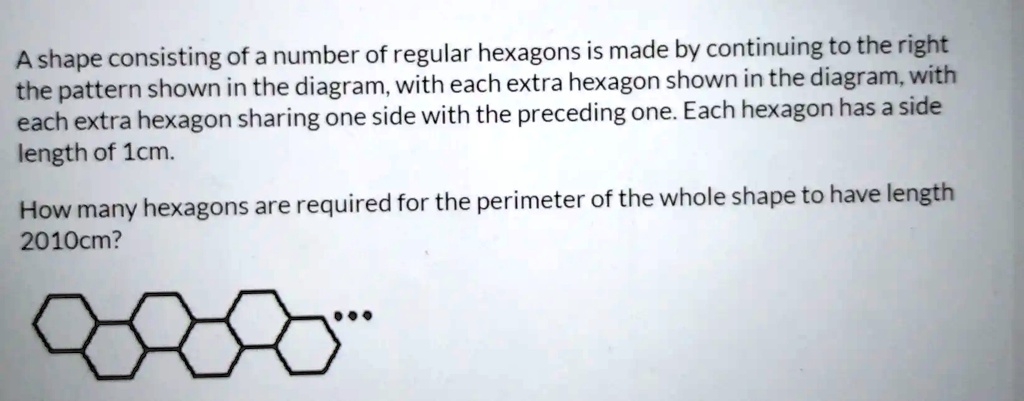 A shape consisting of a number of regular hexagons is made by continuing to the right the ...