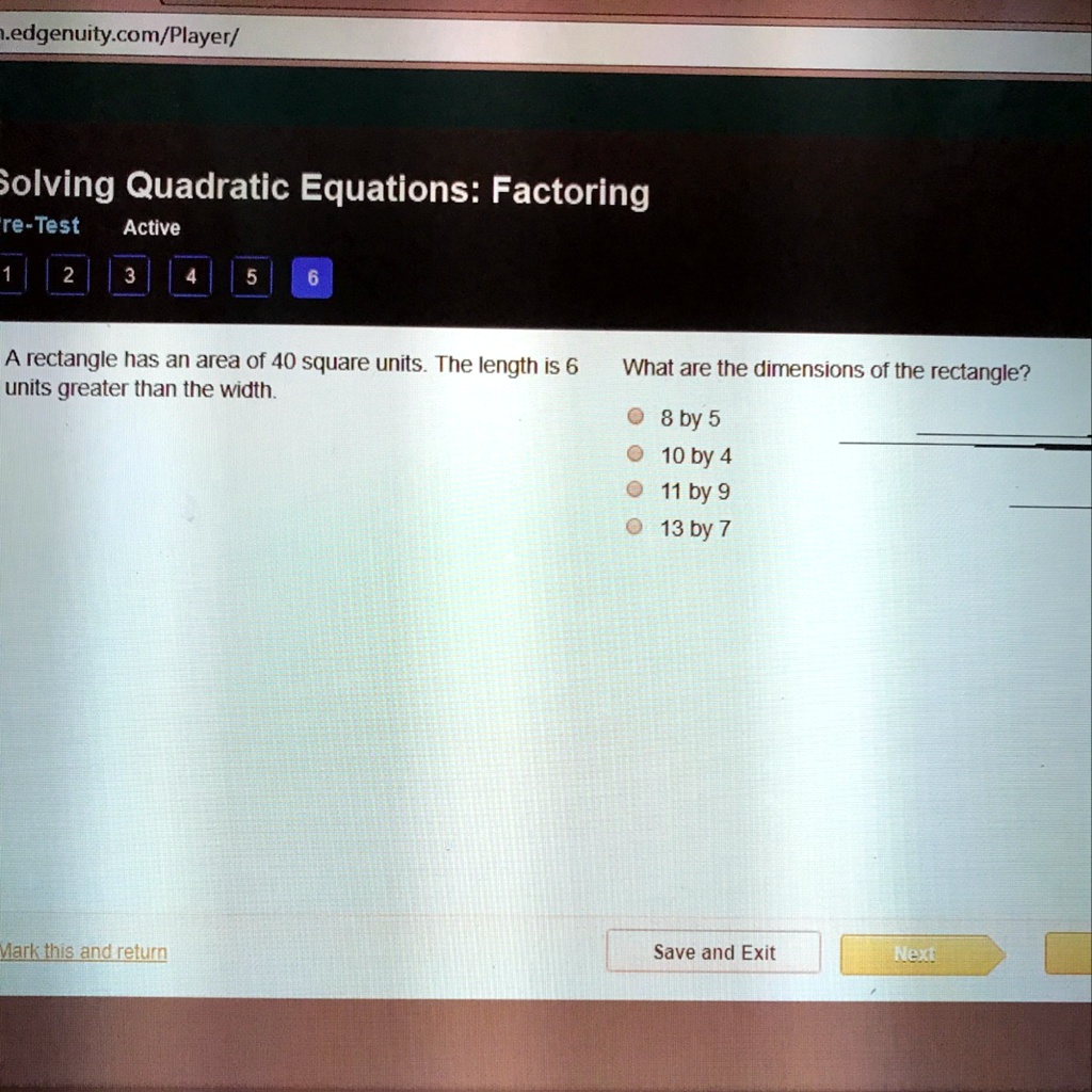 SOLVED: 'A rectangular has an area of 40 square units. The length is 6 ...