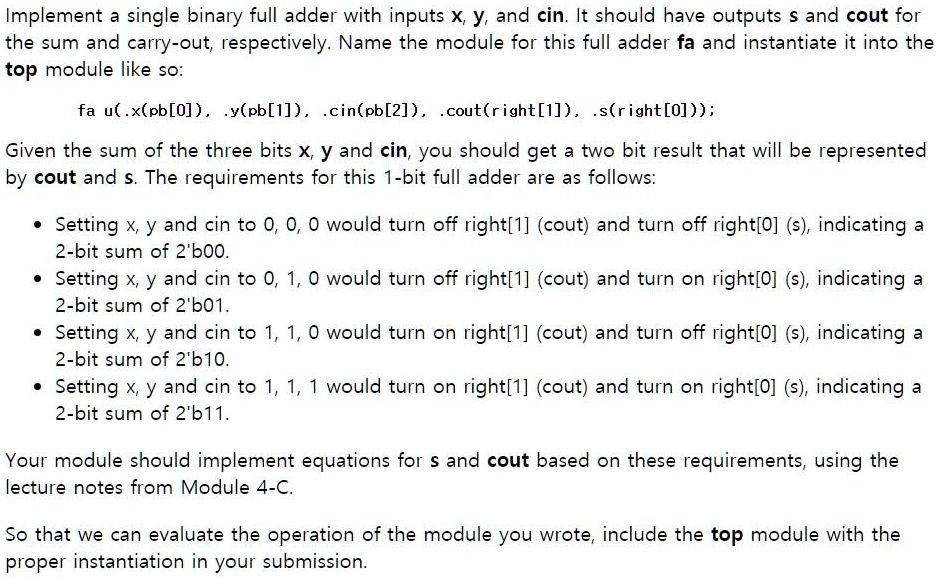 Implementing A Full Adder Verilog Code Request Implement A Single