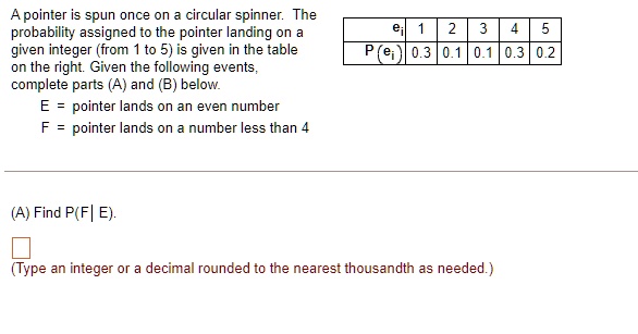 SOLVED: A pointer is spun once on a circular spinner. The probability assigned to the pointer ...