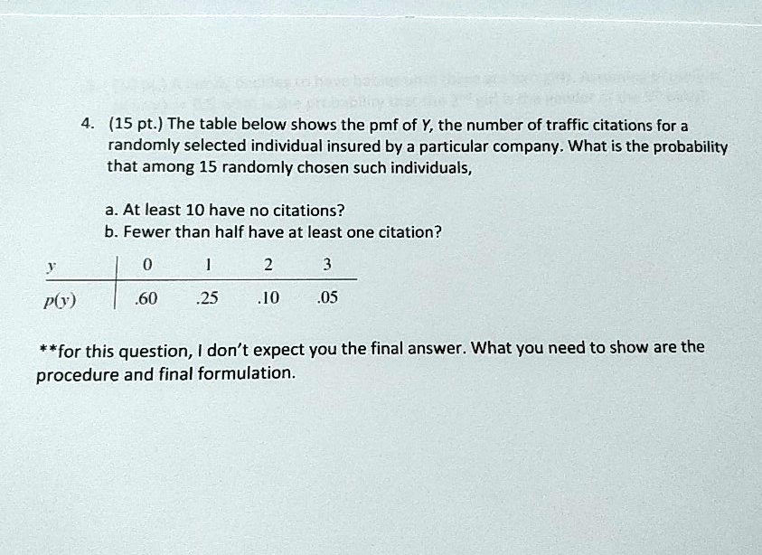 SOLVED: (15 pt ) The table below shows the pmf , of Y, the number of traffic citations for a ...