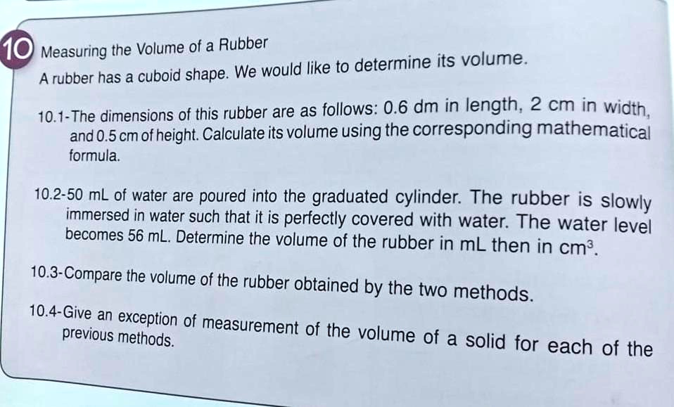 SOLVED:10 Measuring the Volume of a Rubber A rubber has a cuboid shape ...