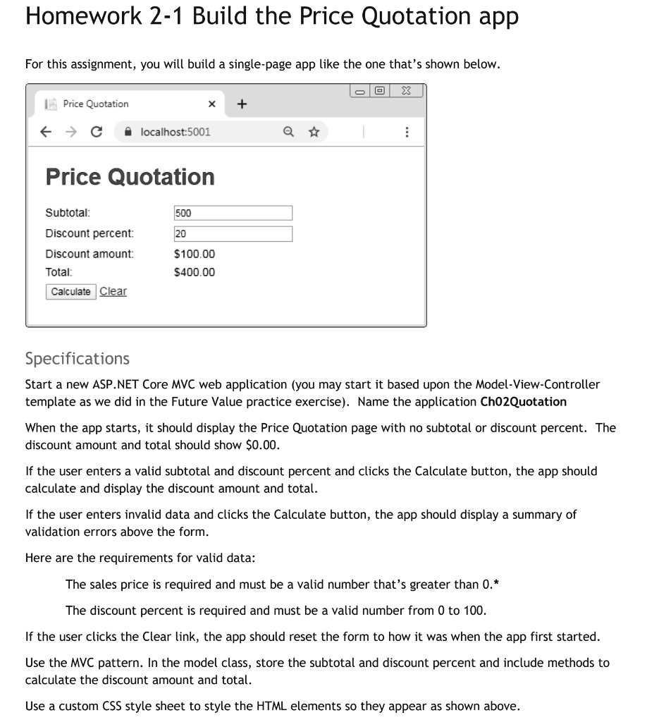Must Complete In Aspnet Core Mvc Homework 2 1 Build The Price Quotation App For This Assignment