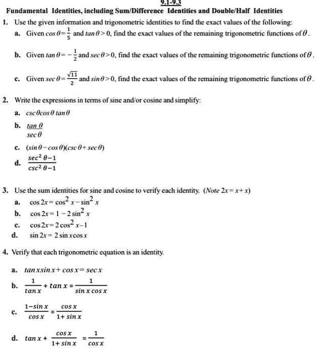 Solved Texts 9 1 9 3 Fundamental Identities Including Sum Difference Identities And Double