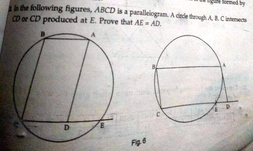 In the following figure, ABCD is a parallelogram. A circle through points A, B, and C intersects ...