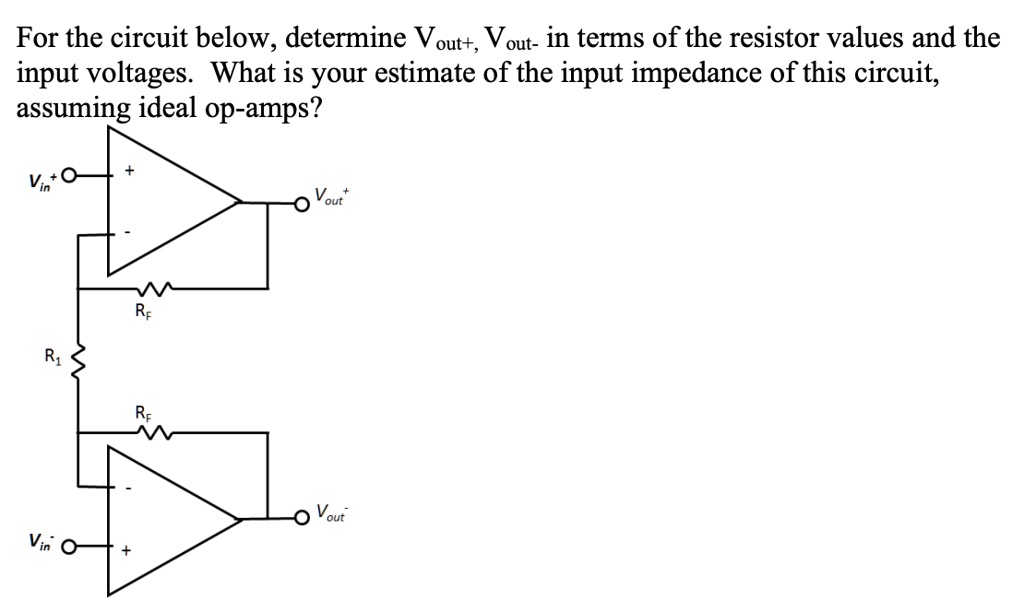 SOLVED: For the circuit below, determine Vout+ and Vout- in terms of the resistor values and the ...