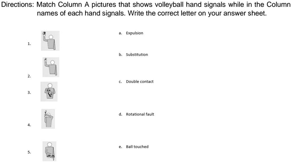 Directions: Match Column A pictures that shows volleyball hand signals ...