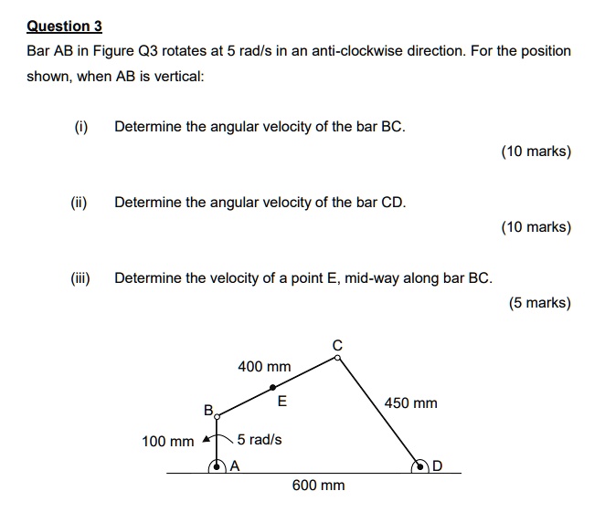Question 3 Bar Ab In Figure Q3 Rotates At 5 Rad S In An Anti Clockwise Direction For The