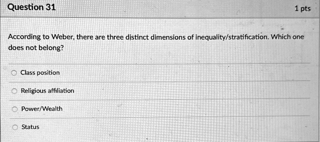 Question 31 1 pts According to Weber, there are three distinct ...