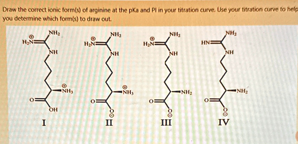 Draw the correct ionic form(s) of arginine at the pKa and PI in your titration curve. Use your ...