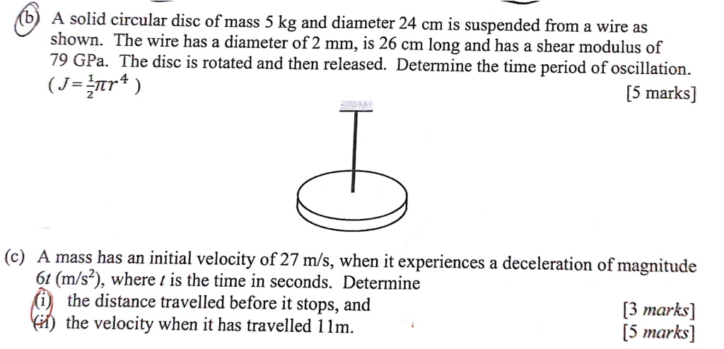 SOLVED: A solid circular disc of mass 5 kg and diameter 24 cm is suspended from a wire as shown ...