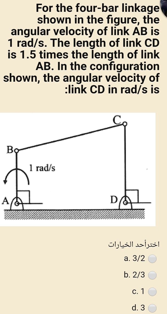 SOLVED: For the four-bar linkage shown in the figure, the angular velocity of link AB is 1 rad/s ...