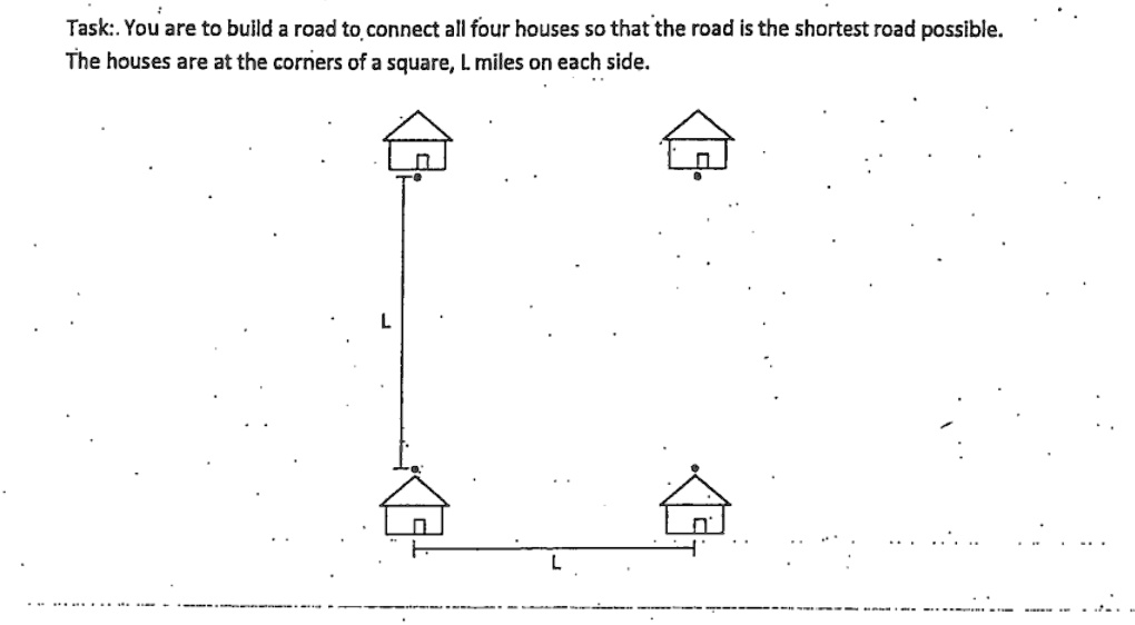 SOLVED: Task:. You are to build a road to connect all four houses so that the road is the ...