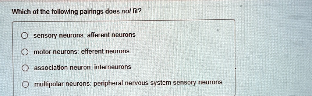 Which of the following pairings does not fit? sensory neurons: afferent ...