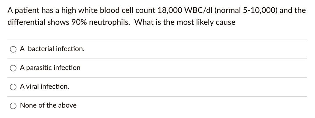 A patient has a high white blood cell count 18,000 WBC/dl (normal 5 ...