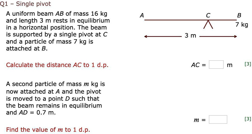 help me q1 single pivot a uniform beam ab of mass 16 kg and length 3 m ...