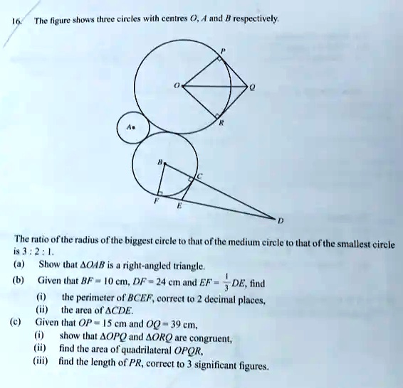 16. The figure shows three circles with centres O, A and B respectively ...