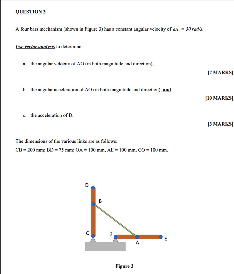 SOLVED: QUESTION 3 A four-bar mechanism (shown in Figure 3) has a ...