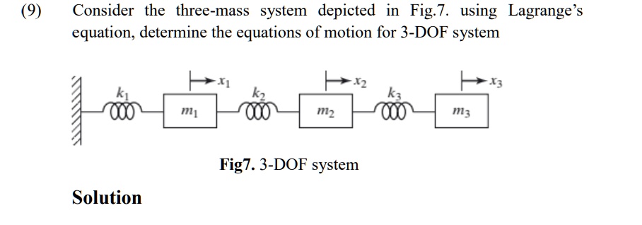 SOLVED: Consider the three-mass system depicted in Fig. 7. Using Lagrange's equation, determine ...