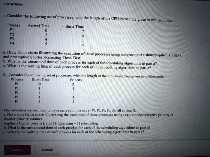 Instructions 1. Consider the following set of processes, with the ...