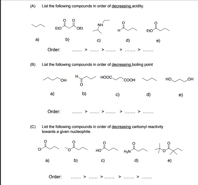 SOLVED:List the following compounds order of decreasing acidity- OEt Order: List the following ...