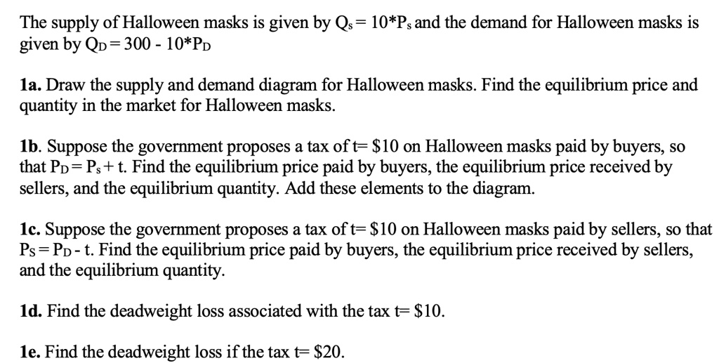 The supply of Halloween masks is given by Qs = 10 × Ps and the demand ...