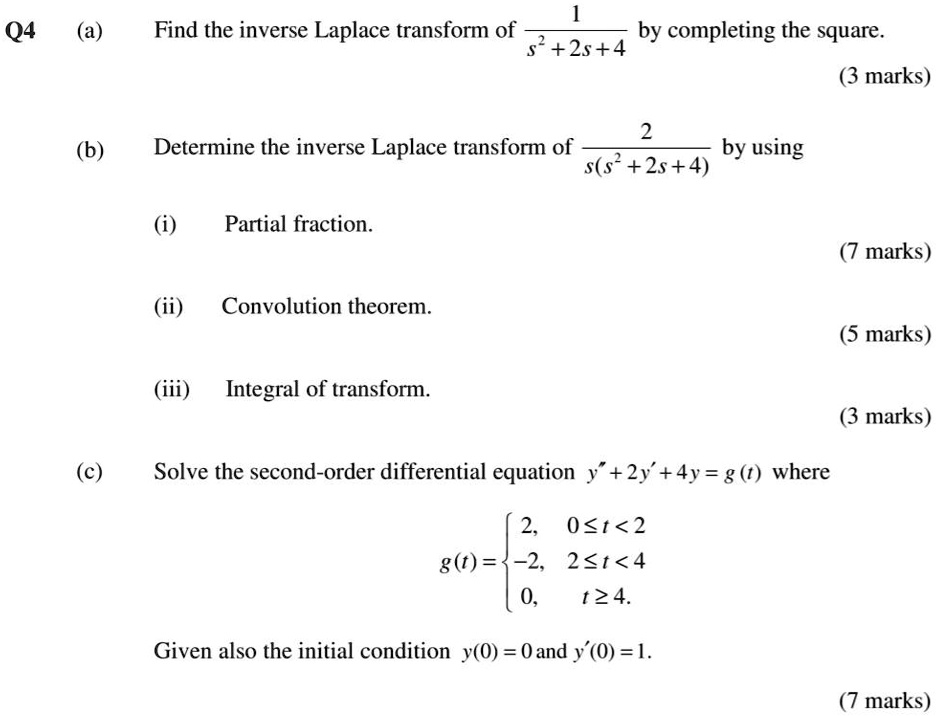 SOLVED: Find the inverse Laplace transform of by completing the square. (+25+4 marks) Q4 (a ...