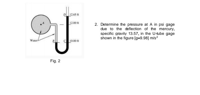 SOLVED: Fig. 2 2. Determine the pressure at A in psi gage due to the ...