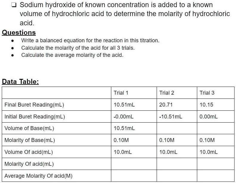 SOLVED: Sodium hydroxide of known concentration is added to a known volume of hydrochloric acid ...