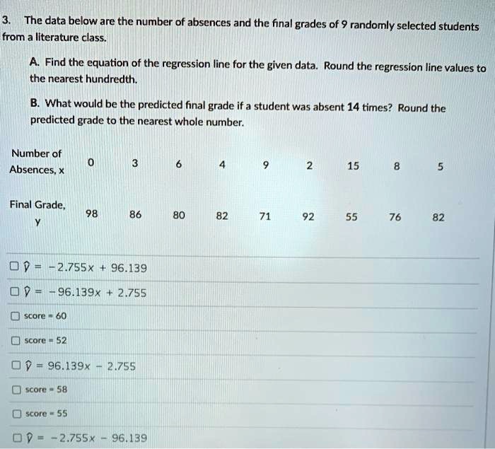 SOLVED: The data below are the number of absences and the final grades of 9 randomly selected ...