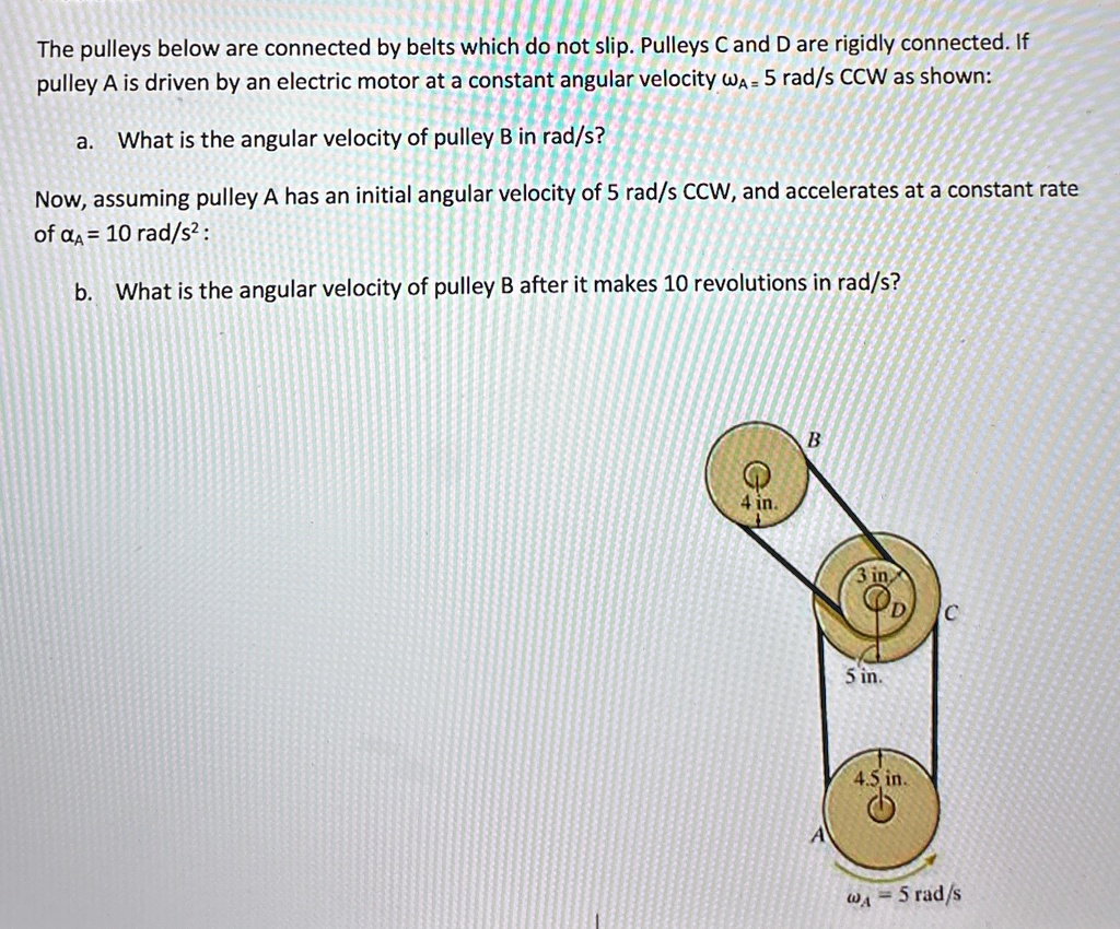 the pulleys below are connected by belts which do not slip pulleys c and d are rigidly connected ...