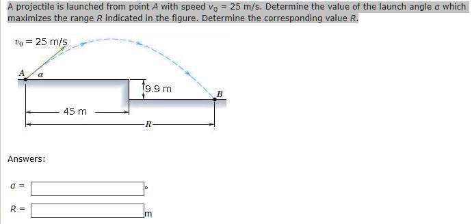 A projectile is launched from point A with speed v0 = 25 m/s. Determine the value of the launch ...