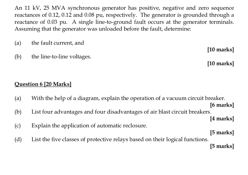 An 11 kV, 25 MVA synchronous generator has positive, negative and zero sequence reactances of 0. ...
