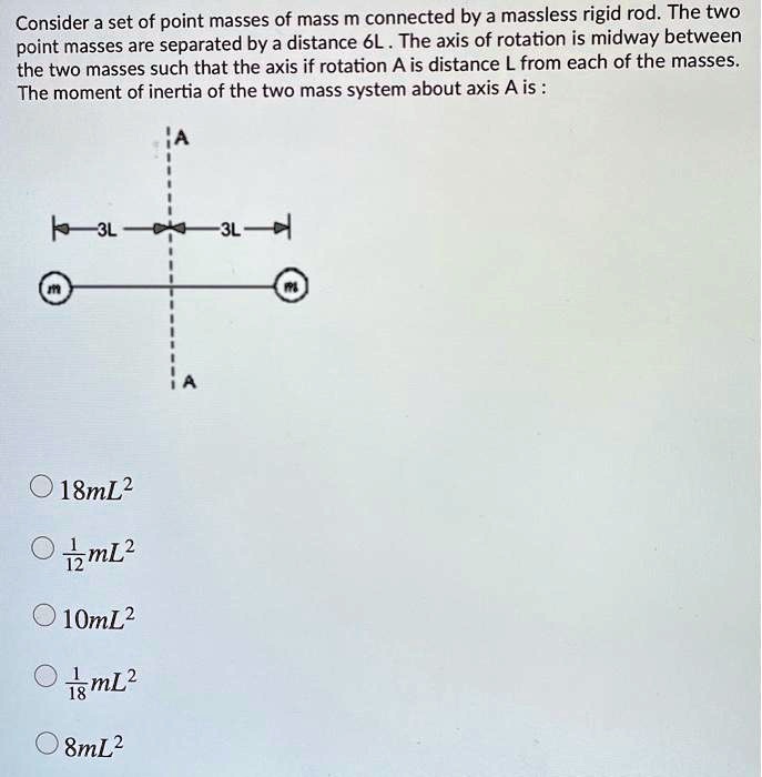 Consider a set of point masses of mass m connected by a massless rigid rod. The two point masses ...
